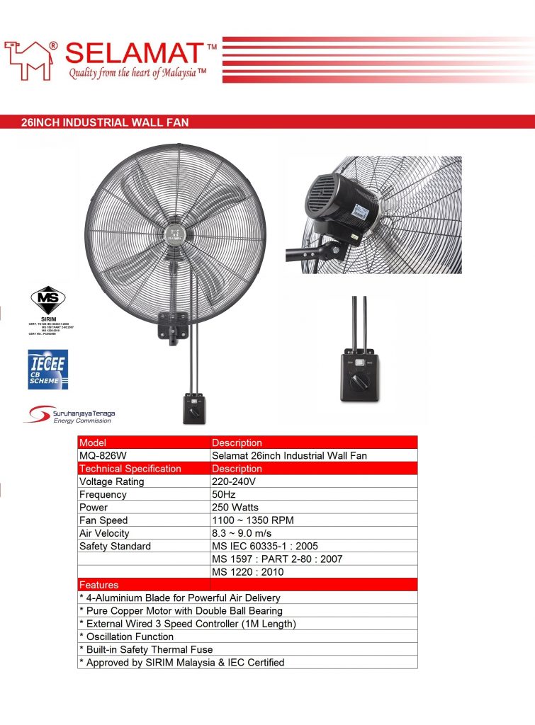 Selamat Electrical Official Website | 26″ Industrial Wall Fan (MQ-826W)